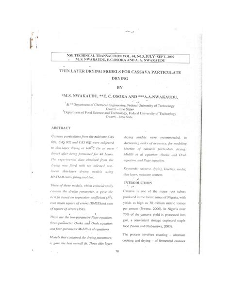 Pdf Thin Layer Drying Models For Cassava Particulate Drying
