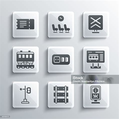철도 철도 트랙 안내소 티켓 구매 매표소 전기 콘센트 기차 신호등 여객 열차 차량 및 철도 건널목 아이콘을 설정합니다 벡터 공란에 대한 스톡 벡터 아트 및 기타 이미지