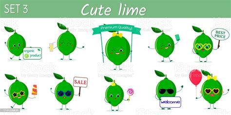 만화 스타일의 다양 한 포즈와 액세서리 10 귀여운 귀 엽 다 라임 캐릭터의 집합입니다 로고 템플릿 디자인입니다 벡터 일러스트 레이 션 평면 디자인 가격표에 대한 스톡 벡터