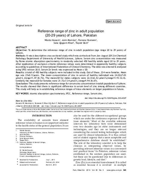 Pdf Reference Range Of Zinc In Adult Population 20 29years Of