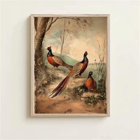 Vintage Pheasant Wildlife Hunter Cabin Decor Print Farmhouse Art Fall