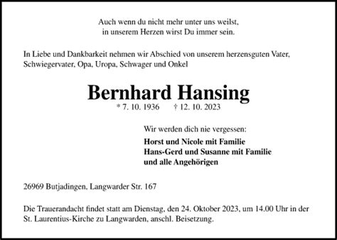 Traueranzeigen Von Bernhard Hansing Nordwest Trauerde