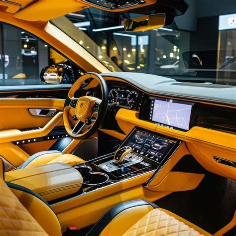 Luxury Car Interior With Yellow Leather Seats And Dashboard Premium