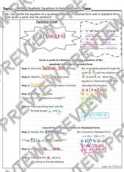 Writing Quadratic Equations In Factored Form Guided Notes And Practice