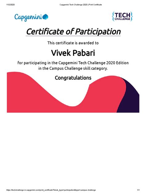 Capgemini Tech Challenge 2020 Print Certificate Pdf