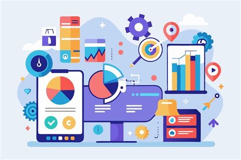 A Vibrant Workspace Filled With Colorful Data Charts Gear Icons And Devices Showcasing Analytics