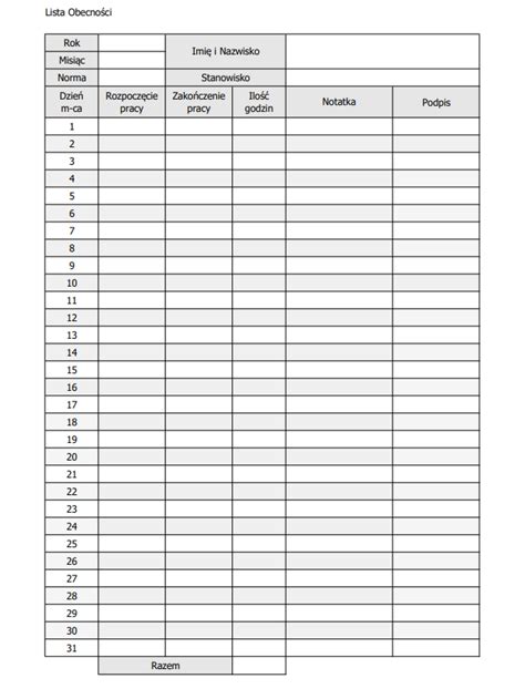 Lista Obecności Pracowników I Plan Urlopów Wzory
