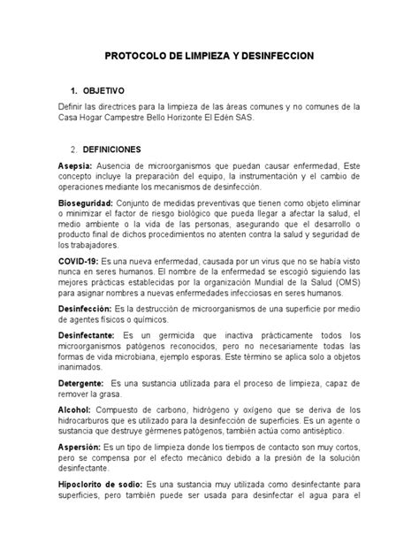 Protocolo De Limpieza Y Desinfeccion Pdf Agua Microorganismo