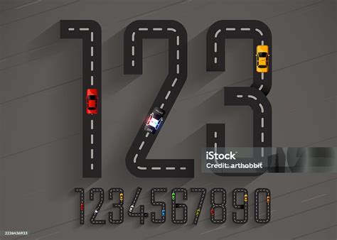 Numbers Set 1 2 3 4 5 6 7 8 9 0 Road With Line Markings And Cars Stock