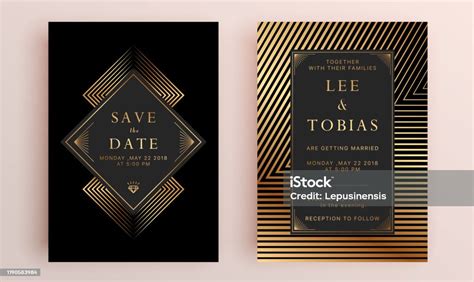 웨딩 카드 템플릿의 아름다운 세트 기하학적 다면체 결혼식 초대장 고급 템플릿 장식 패턴에 대한 아르 데코 스타일의 골드 컬렉션입니다 결혼 반지에 대한 스톡 벡터 아트 및