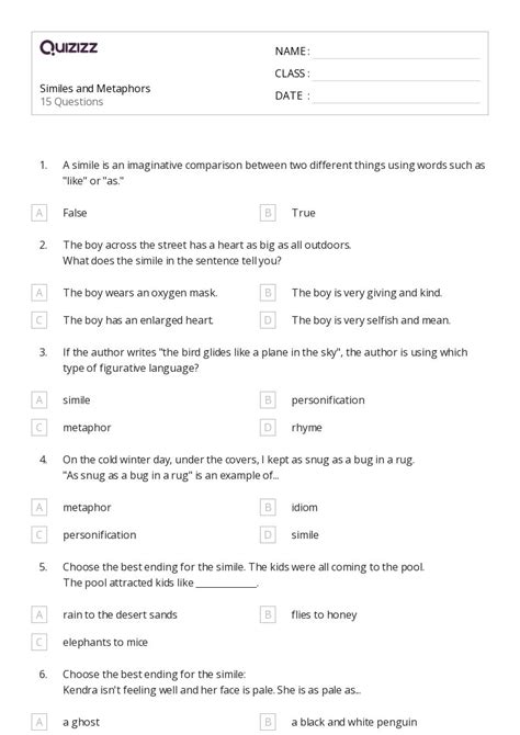 50 Similes Worksheets For 2nd Class On Quizizz Free And Printable