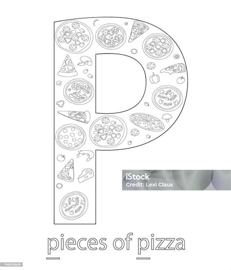 흑백 알파벳 문자 P 파 닉스 플래시 카드 피자의 만화 스타일의 조각으로 독서를 가르치는 귀여운 편지 P 어린이를 위한 색칠 공부 페이지 0명에 대한 스톡 벡터 아트 및