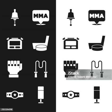 아이스하키 스틱과 퍽 스톱워치 울리는 종 파이트 클럽 Mma 글러브 줄넘기 샌드백 및 권투 벨트 아이콘을 설정합니다 벡터 가죽에 대한 스톡 벡터 아트 및 기타 이미지