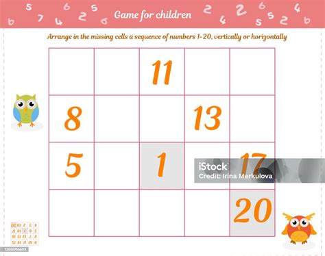 어린이와 성인을위한 논리 게임 빈 셀에 수평 및 세로로 1에서 20까지의 숫자 시퀀스를 배치합니다 0명에 대한 스톡 벡터 아트 및 기타 이미지 Istock