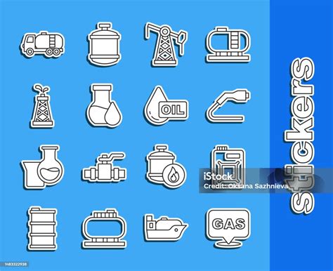 라인 위치 및 주유소 모터 오일 캐니스터 전기 케이블 플러그 충전 오일 펌프 펌프 잭 휘발유 시험관 장비 유조선 트럭 및 드롭 아이콘을 설정합니다 벡터 0명에 대한 스톡