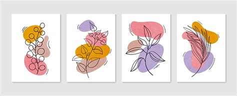 식물벽 아트 벡터 세트 최소한의 자연 벽 예술 추상적인 모양의 보호 단풍 라인 아트 드로잉 인쇄 벽지 커버에 대한 추상 식물 예술 디자인 현대 벡터 일러스트레이션 단일