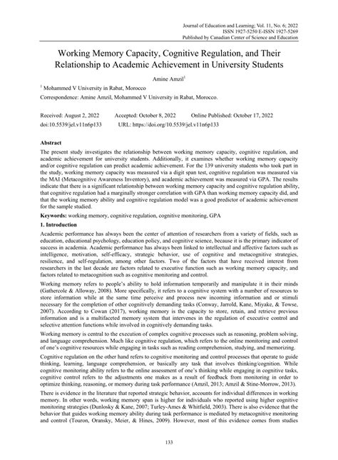 Pdf Working Memory Capacity Cognitive Regulation And Their Relationship To Academic