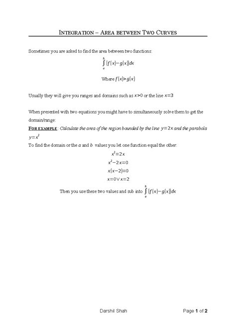 Maths 2 Unit Notes Integration Area Between 2 Curves Integration