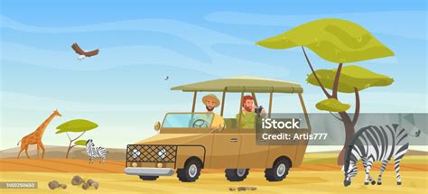 아프리카 사바나 야생 풍경에서 사람들 사파리 투어 4x4 자동차에 대한 스톡 벡터 아트 및 기타 이미지 4x4 자동차 경관 관광 Istock