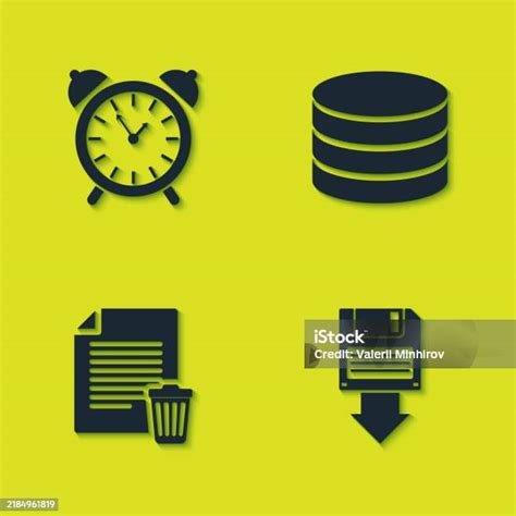 알람 시계 플로피 디스크 백업 파일 문서 삭제 및 데이터베이스 아이콘을 설정합니다 벡터 검은색에 대한 스톡 벡터 아트 및 기타