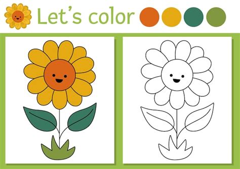 해바라기가 있는 어린이를 위한 농장 색칠 페이지 귀여운 태양 꽃이 있는 벡터 농촌 국가 개요 그림 색칠된 예제가 있는 어린이를 위한 색상 책 그리기 기술 인쇄 가능한