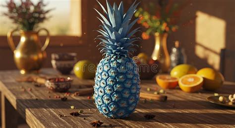 Blue Pineapple On Wooden Table Surrounded By Citrus And Spices Stock