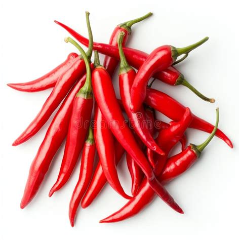 A Vibrant Red Chili Pepper Pile Is Set Against A White Background Stock