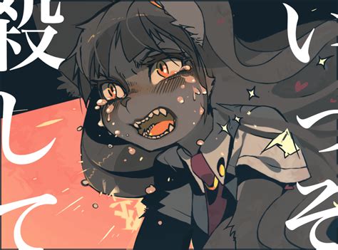 Safebooru 1girl Black Hair Blush Colored Skin Fangs Furry Grey Fur