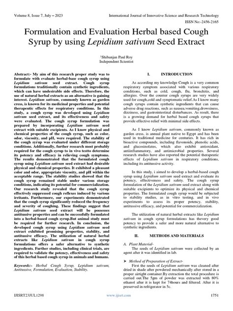 Formulation And Evaluation Herbal Based Cough Syrup By Using Lepidium Sativum Seed Extract Pdf
