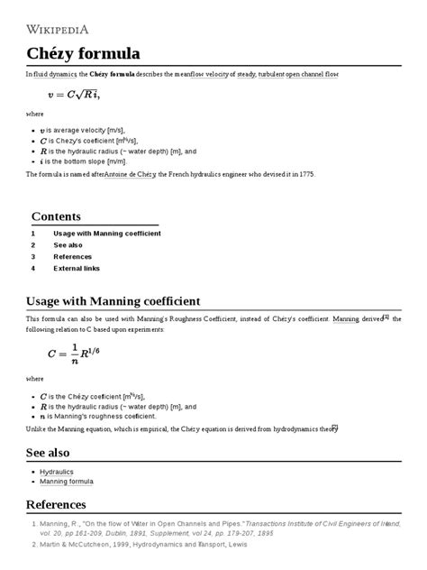 Chézy Formula 1 Usage With Manning Coefficient 2 See Also 3 References