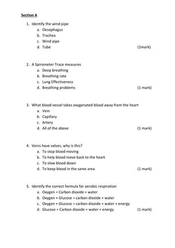 Aqa Gcse Pe 2016 Spec Respiratory Test Teaching Resources