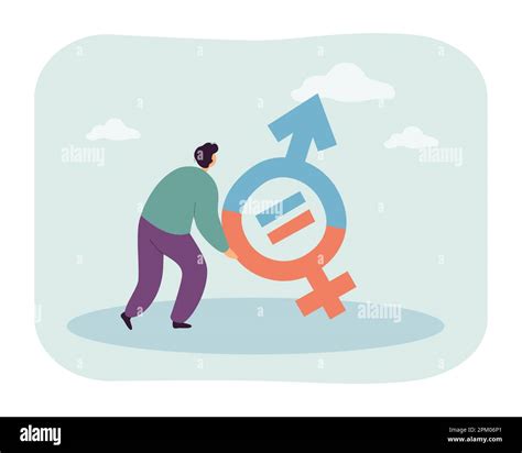 tiny man holding heavy male and female equal gender signs stock vector