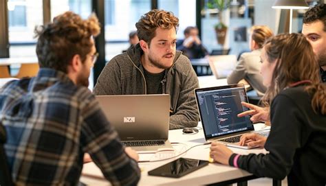 Innovative Code Discussion Young Developers In A Sleek Collaborative Office Environment