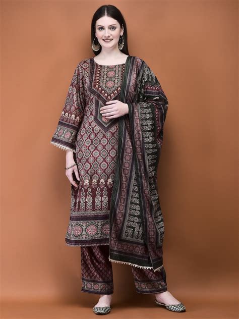 Women Winter Velvet Rust Ajrakh Print Kurta Comfort Pant Dupatta