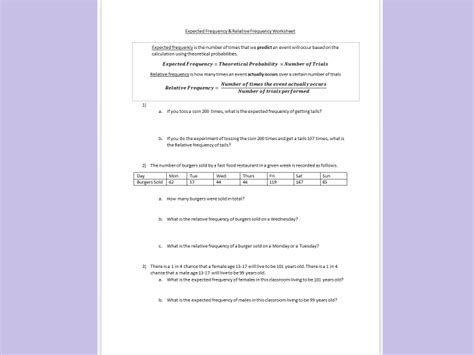 Expected Frequency And Relative Frequency Worksheet Teaching Resources
