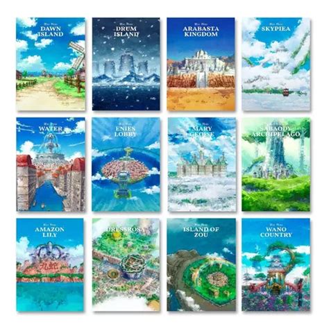 One Piece 12 Posters Islas 28x21 Cm Arte Wano Skypiea Luffy Envío Gratis