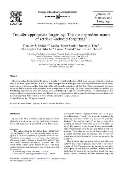 Pdf Transfer Appropriate Forgetting The Cue Dependent Nature Of