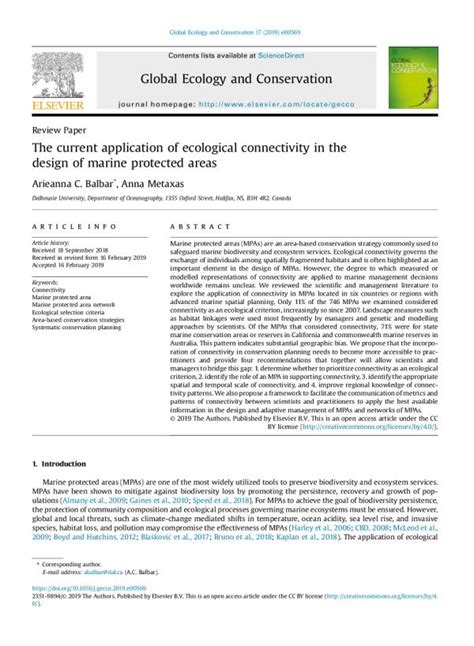The Current Application Of Ecological Connectivity In The Design Of Marine Protected Areas
