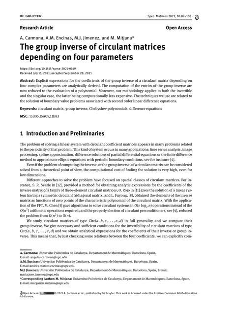 Pdf The Group Inverse Of Circulant Matrices Depending On Four Parameters