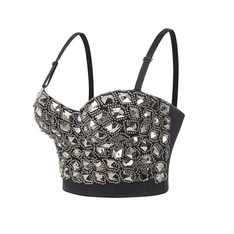 Sexy Sliver Diamond Sequins B Cup Spaghetti Straps Bustier Bra Clubwear