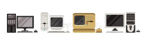 Retro Computer And Hardware With Screen Vector Set Stock Illustration Illustration Of Flat