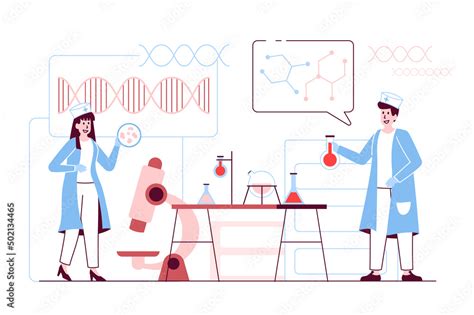 Medical Laboratory Concept In Flat Line Design Employees In Uniform Do Tests And Scientific