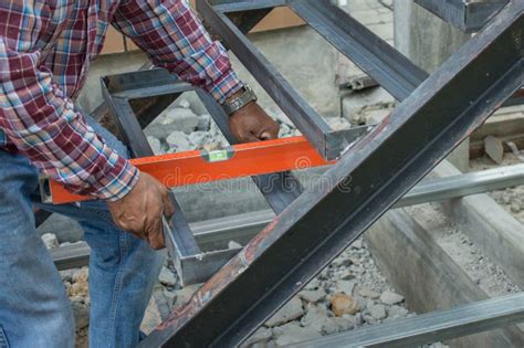 Worker Using Spirit Level Tool For Checking The Level Of Steel Stock Image Image Of Bubble