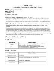 Periodic Properties Lab Report TEMPLATE Docx CHEM 1001 PERIODIC PROPERTIES Laboratory Report