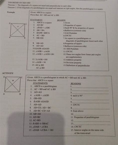 Solved Theorems On Square Theorem 1 The Diagonals Of A Square Are Equal And Perpendicular To