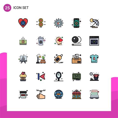 Set Of 25 Vector Filled Line Flat Colors On Grid For Device Mobile Train Gear Slustion Editable