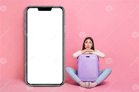 Portrait Of Beautiful Trendy Girly Girl Sitting Booking Flight Copy Space Pout Lips Isolated