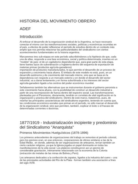 Historia Del Movimiento Obrero Argentino Pdf Anarquismo Sindicato