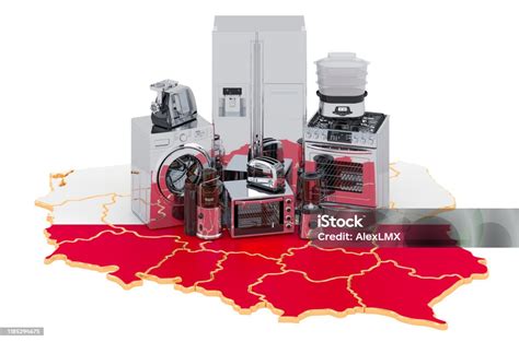 폴란드지도에 부엌과 가전 제품 생산 쇼핑 및 배달 개념 흰색 배경에서 격리된 3d 렌더링 3차원 형태에 대한 스톡 사진 및 기타 이미지 Istock
