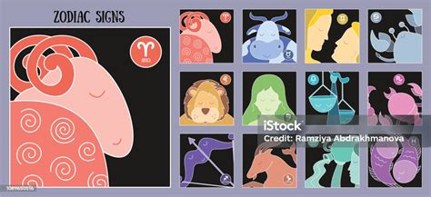 조디악 징후 물병자리 천칭 자리 레오 황소 자리 암 물고기 자리 처녀자리 염소 자리 궁수자리 양자리 쌍둥이 자리 전갈 자리 점성 학 캘린더 컬렉션 십이 궁 색 벡터
